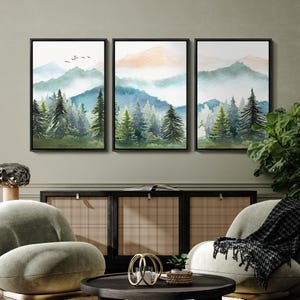 Framed Mountain Forest Wall Art Set of 3, Watercolor Pine Tree ...