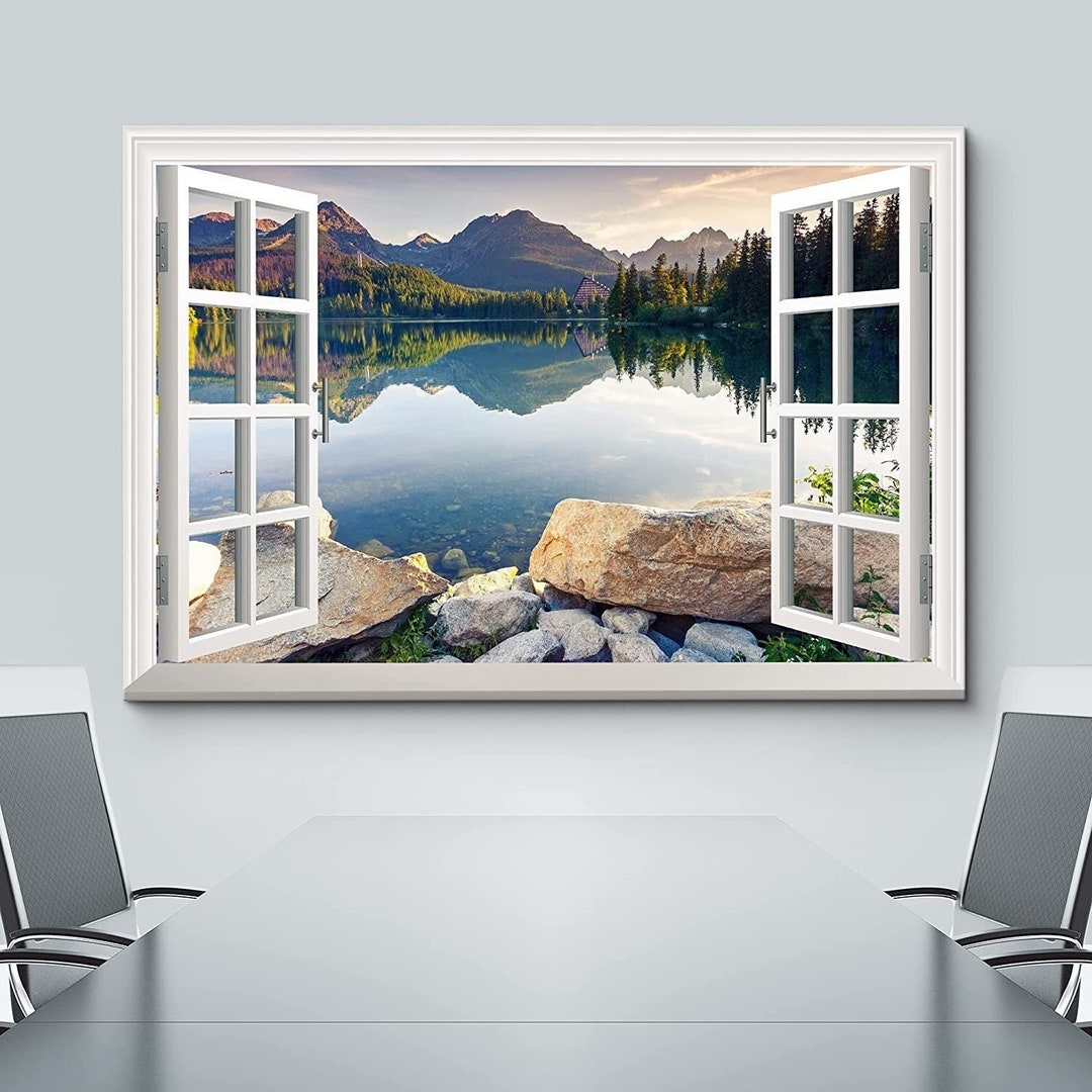 Canvas Print Wall Art Window View to Mountain Range & Forest Lake ...
