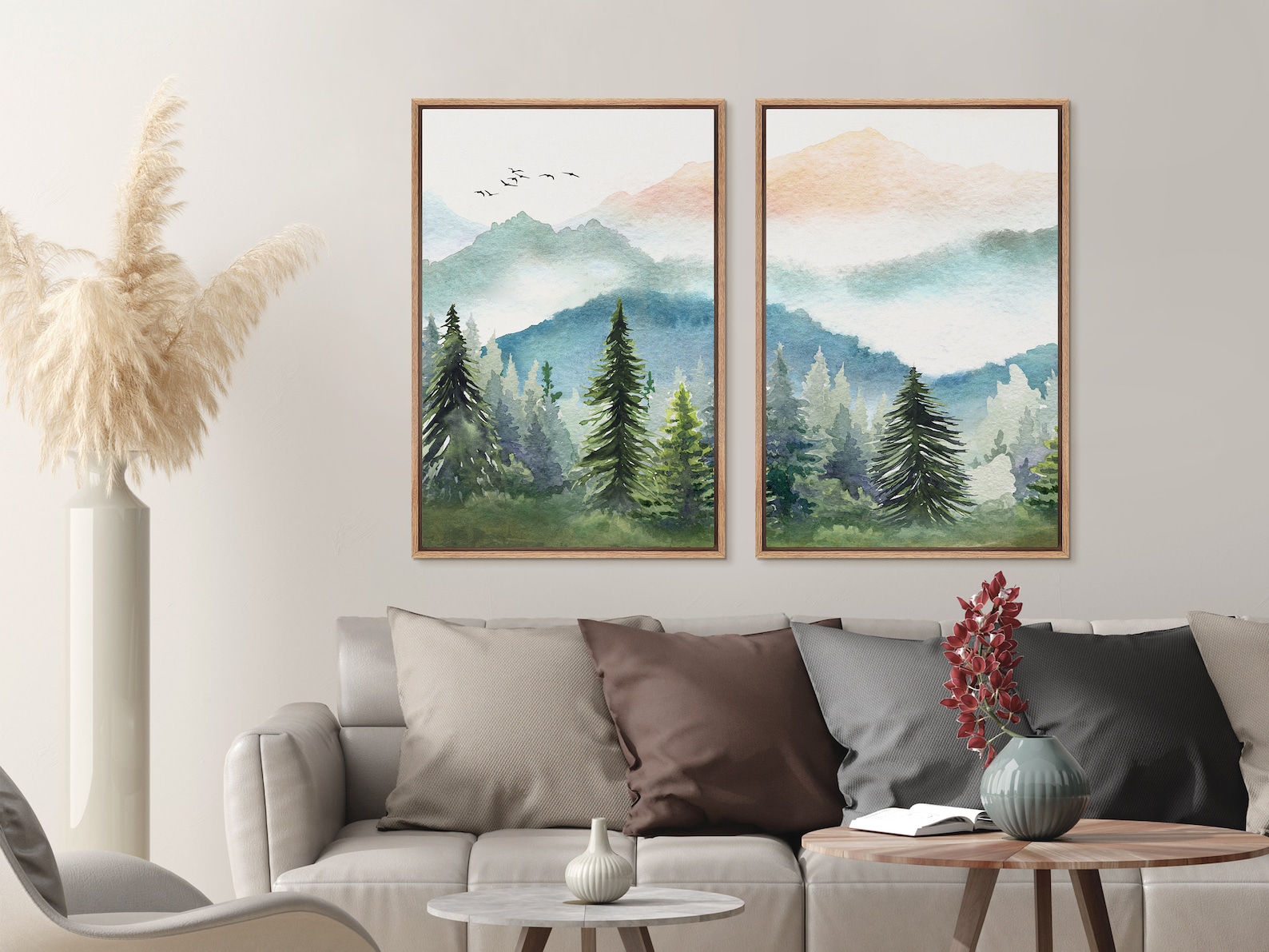 Framed Canvas Wall Art Set of 3 Watercolor Green Forest Tree Mountain ...