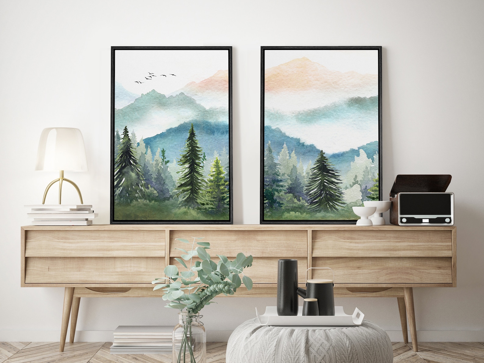 Framed Canvas Wall Art Set of 3 Watercolor Green Forest Tree Mountain ...
