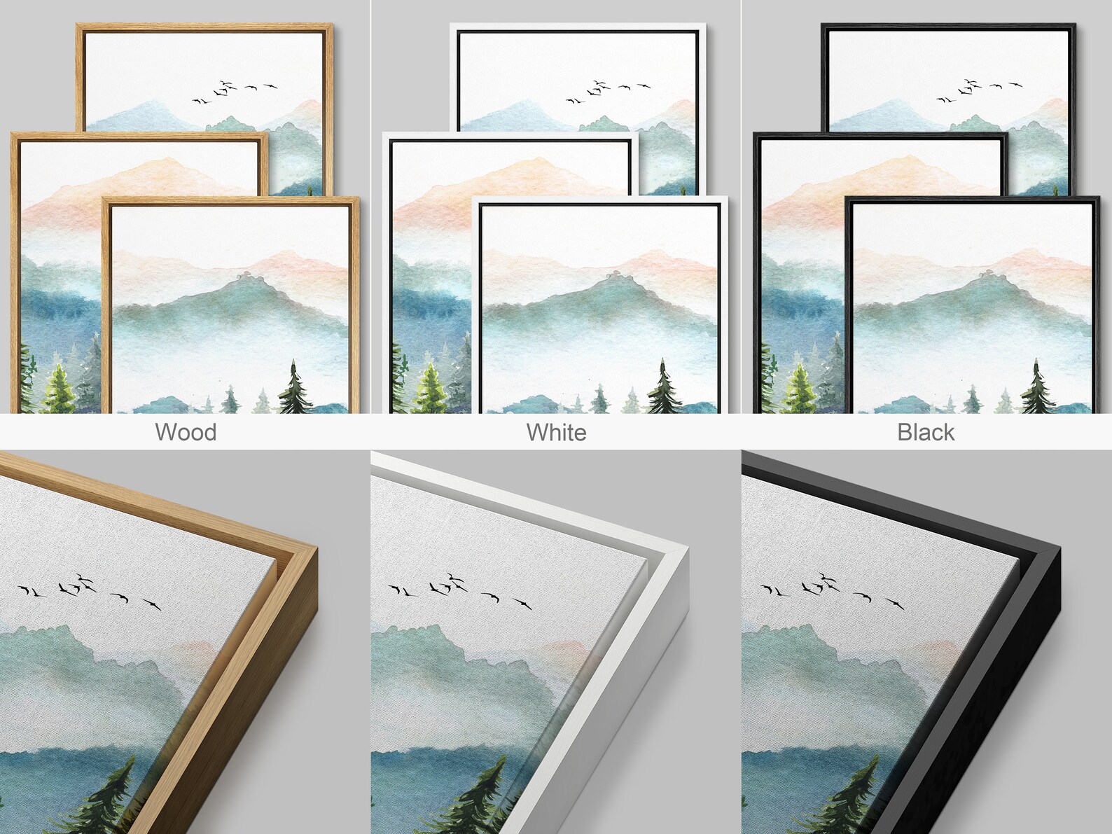 Framed Canvas Wall Art Set of 3 Watercolor Green Forest Tree Mountain ...