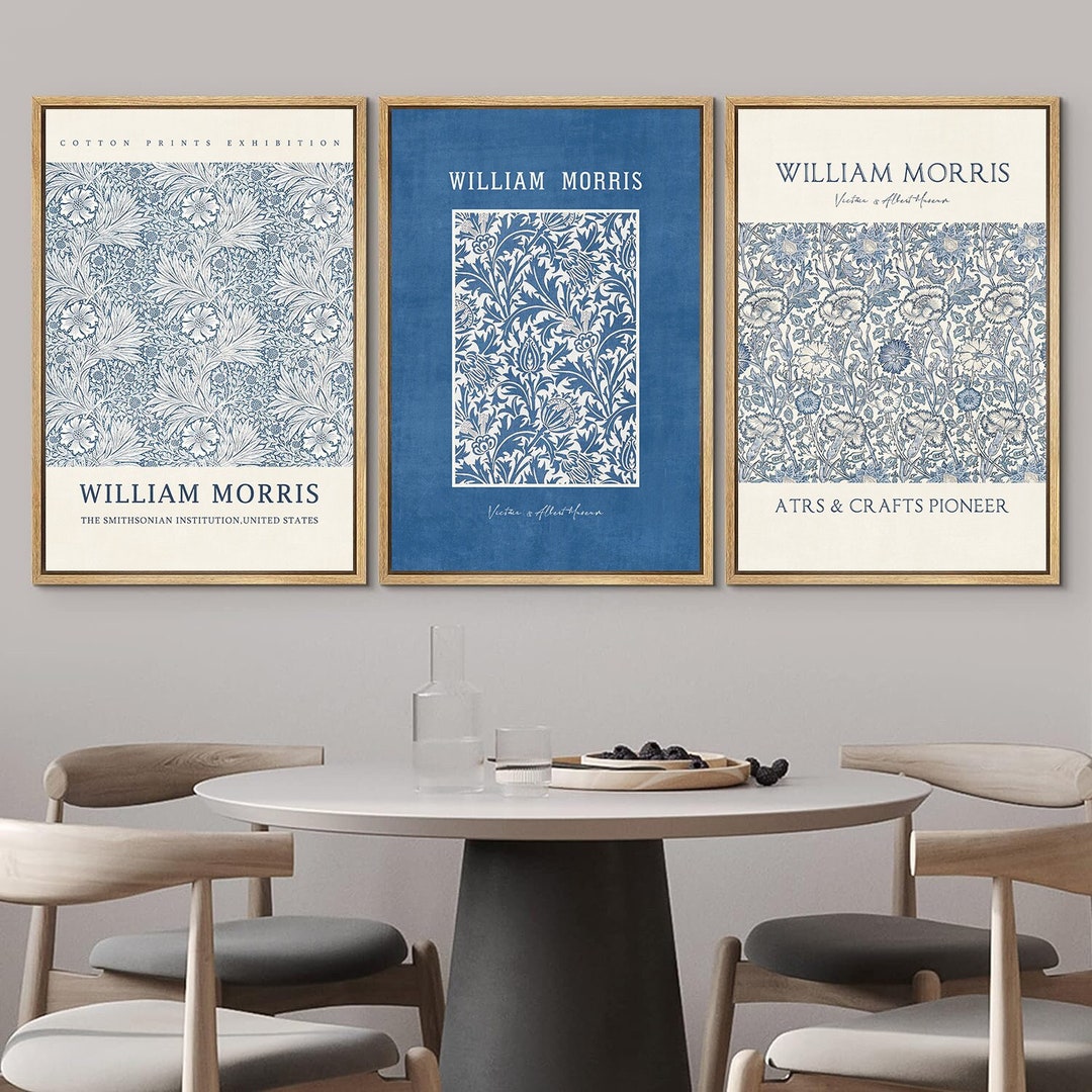 William Morris 3 Pieces Print Set, Blue Wall Art , Floral Gallery Botanical Wall Art, Farmhouse ...