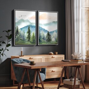 Framed Mountain Forest Wall Art Set of 3, Watercolor Pine Tree ...