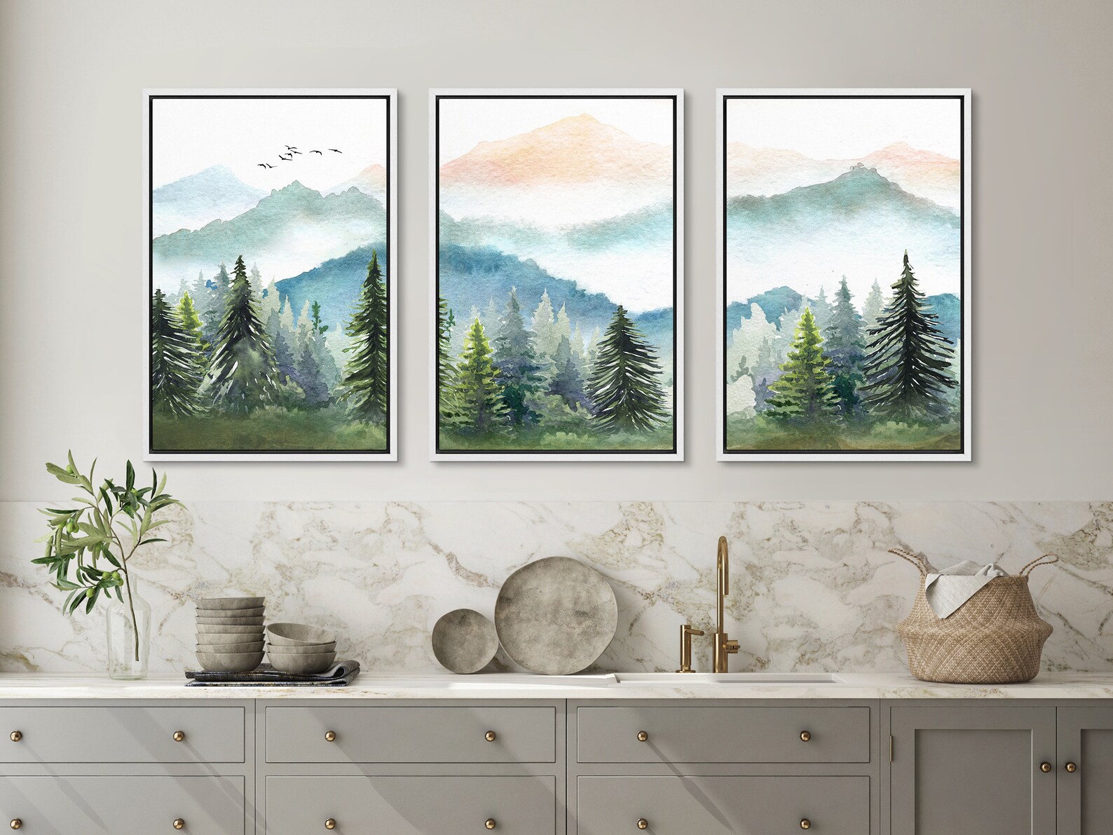 Framed Canvas Wall Art Set of 3 Watercolor Green Forest Tree Mountain ...