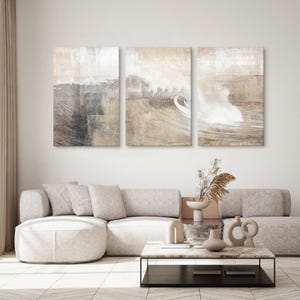 Framed Canvas Print Wall Art Set of 3 Gray & Tan Ocean Wave Overlay ...