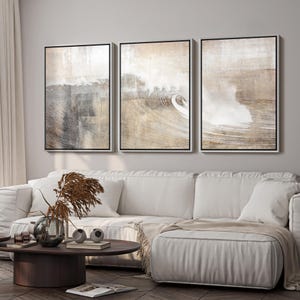 Framed Canvas Print Wall Art Set of 3 Gray & Tan Ocean Wave Overlay ...