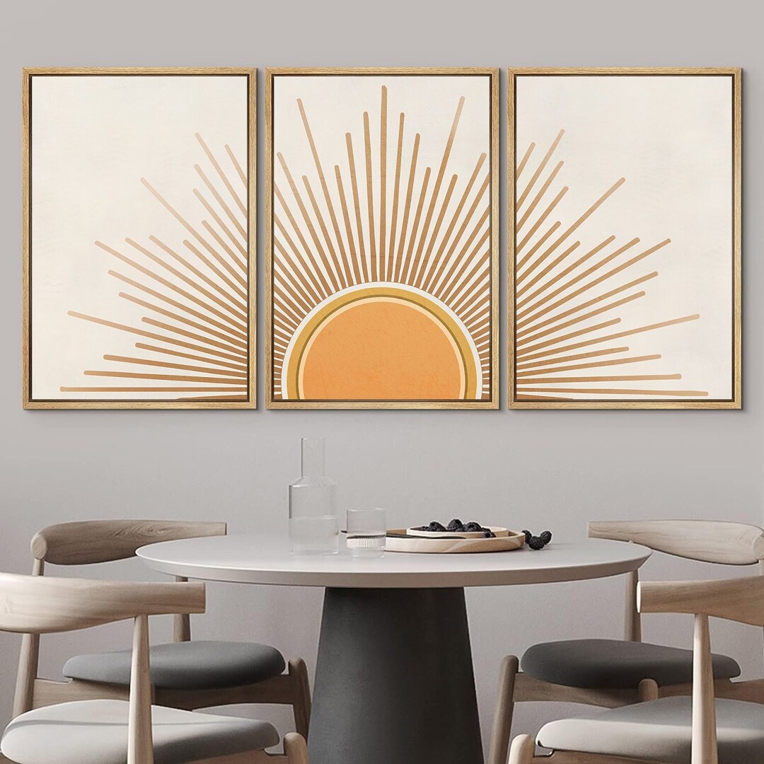 Framed Canvas Print Wall Art Set of 3 Geometric Yellow Sun Ray Prints Abstract Mid Century ...