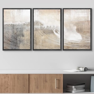 Framed Canvas Print Wall Art Set of 3 Gray & Tan Ocean Wave Overlay ...
