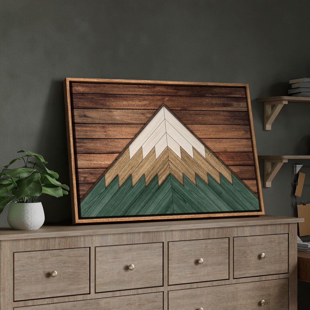 Wood Panel Effect Mountain Range, Snowy Mountain Art, Wood Block Wall ...
