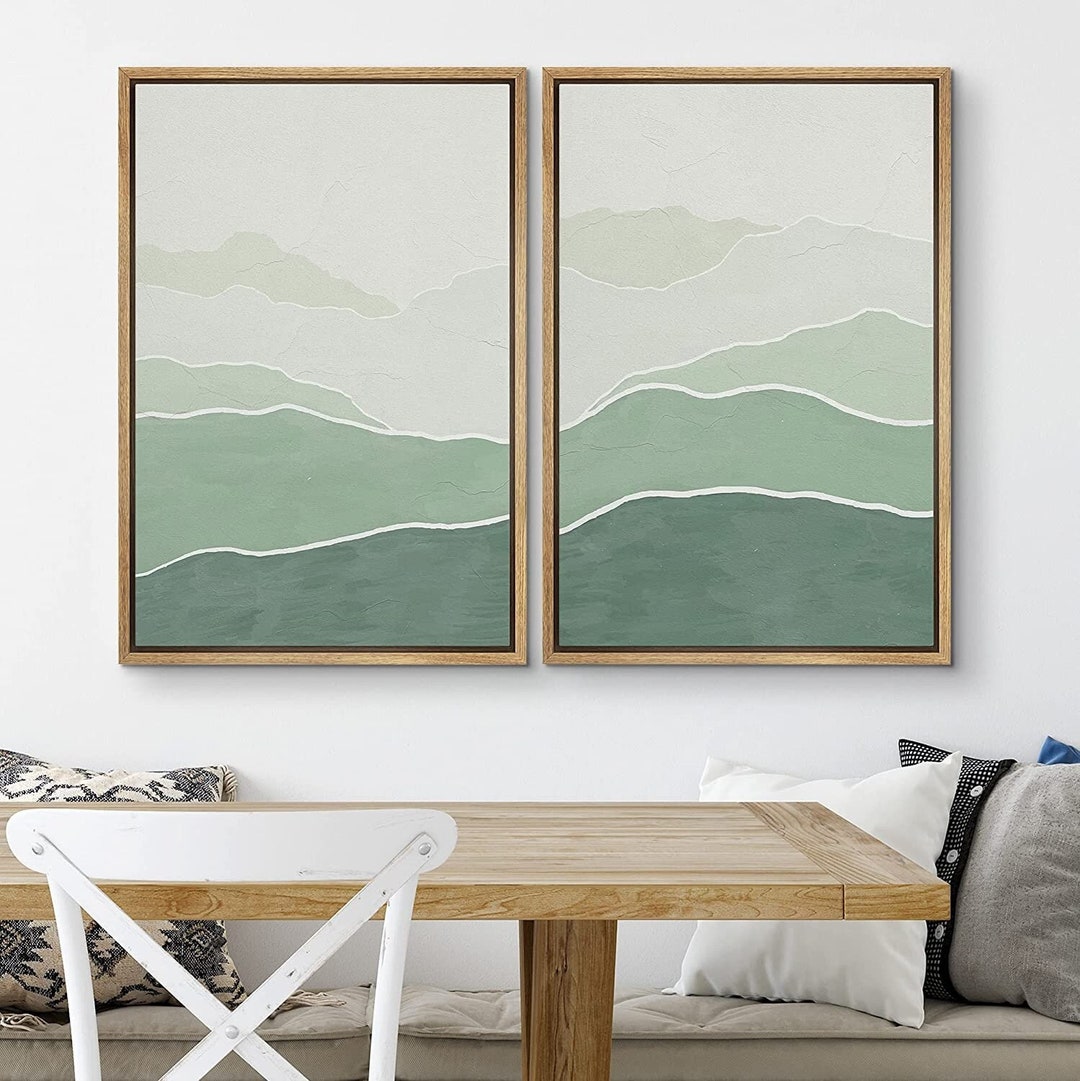 Framed Wall Art Print Set Green Gradient Wave Landscapes Abstract ...