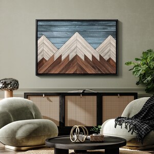 Wood Panel Effect Mountain Range, Snowy Mountain Art, Wood Block Wall ...