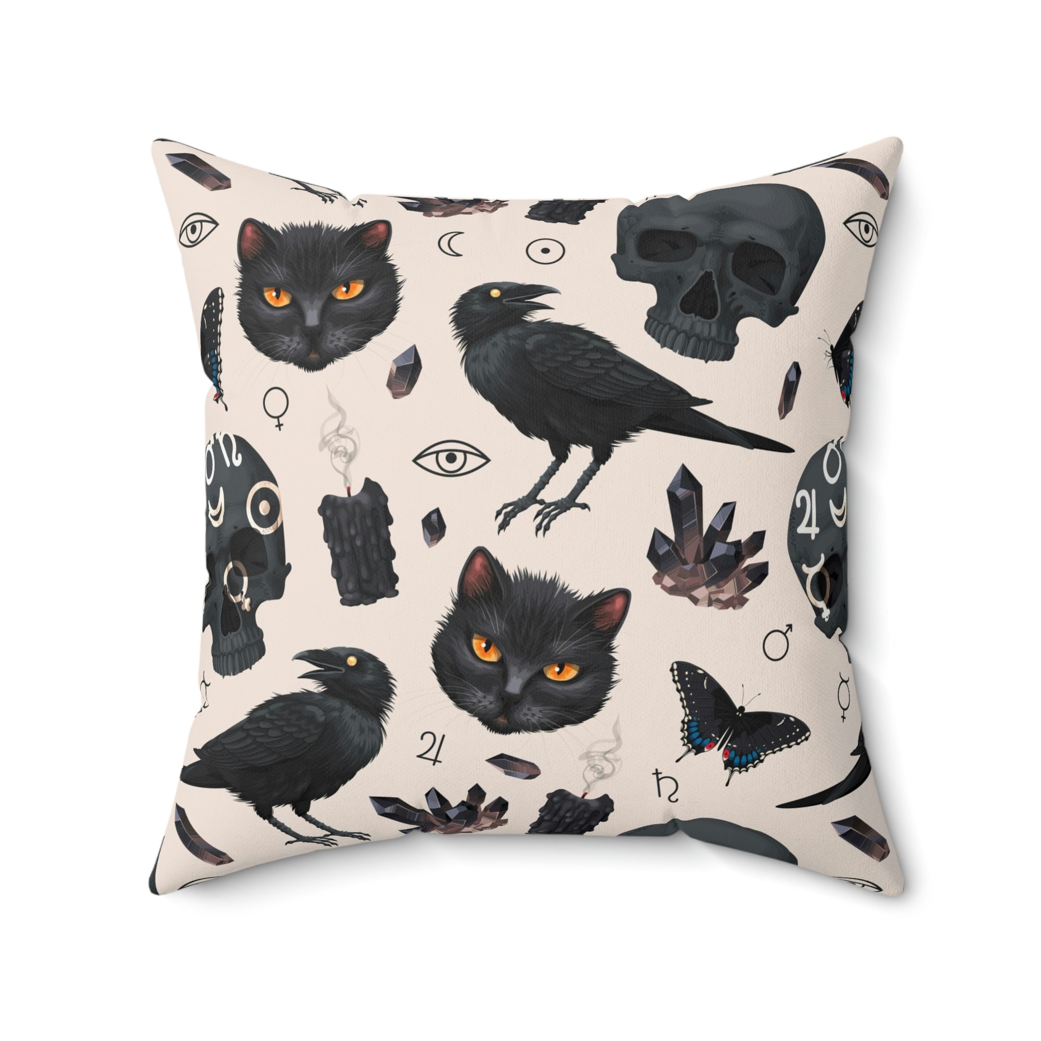 Black Cat and Black Crow Witchy Square Pillow, Witchy Decorative Pillow ...