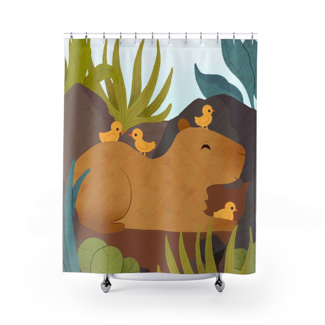 Relaxing Capybara Shower Curtain, Capybara With Baby Ducks, Curtain ...
