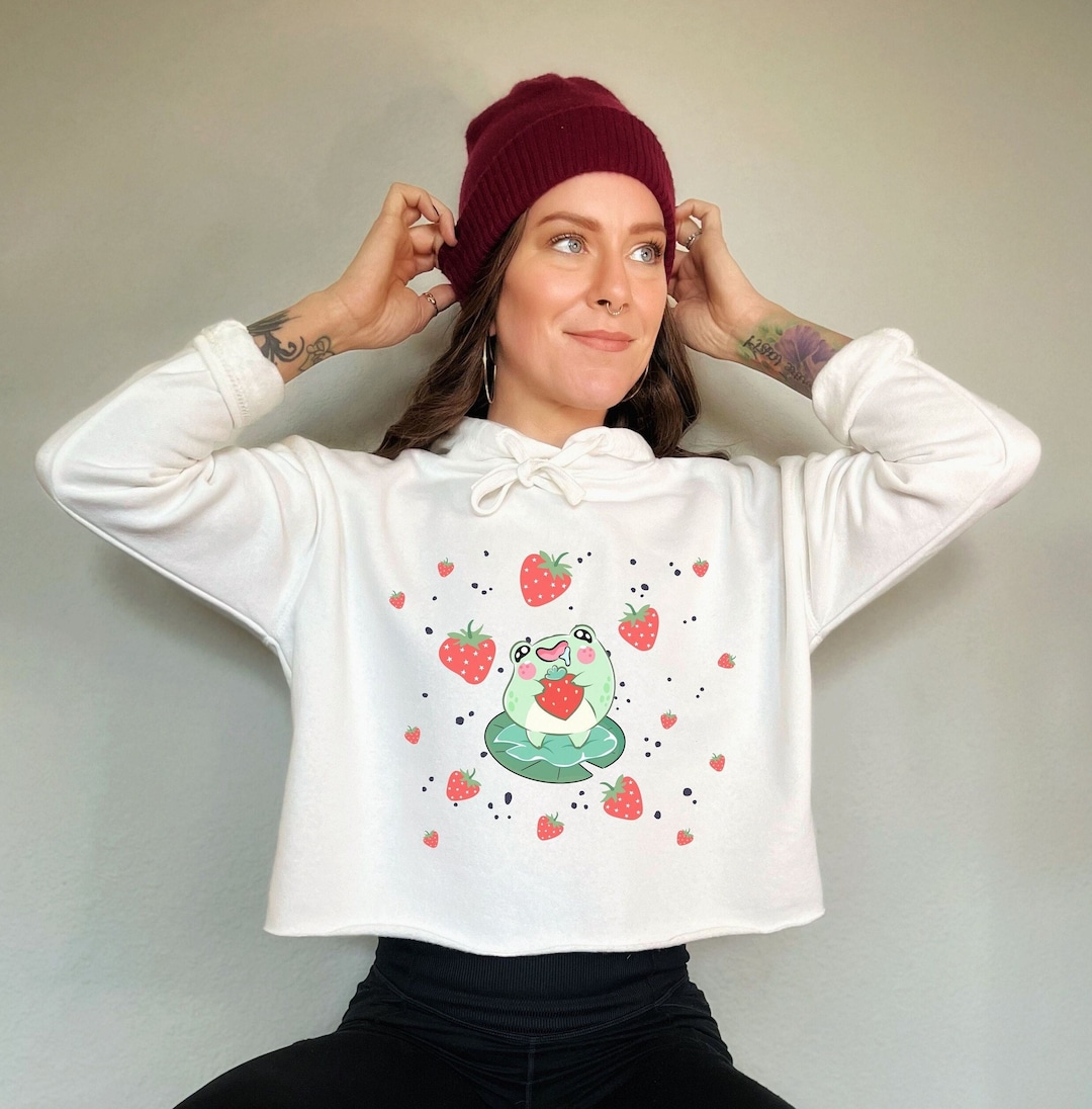 Strawberry Frog Cropped Hoodie, Cute Frog Hoodie for Women, Cropped ...