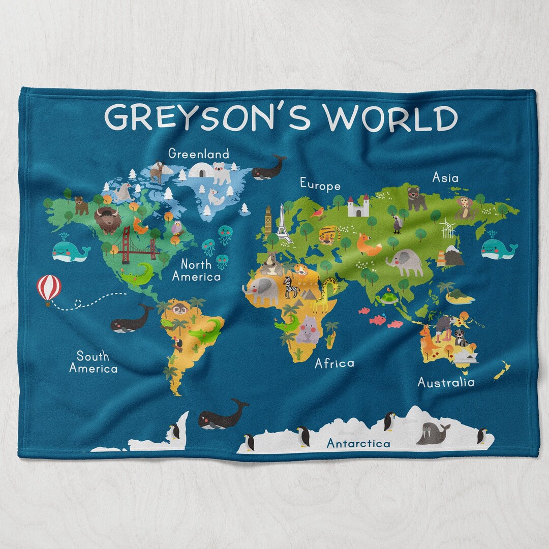 Personalized World Map Nursery, Baby Animals Blanket, Baby Animals ...