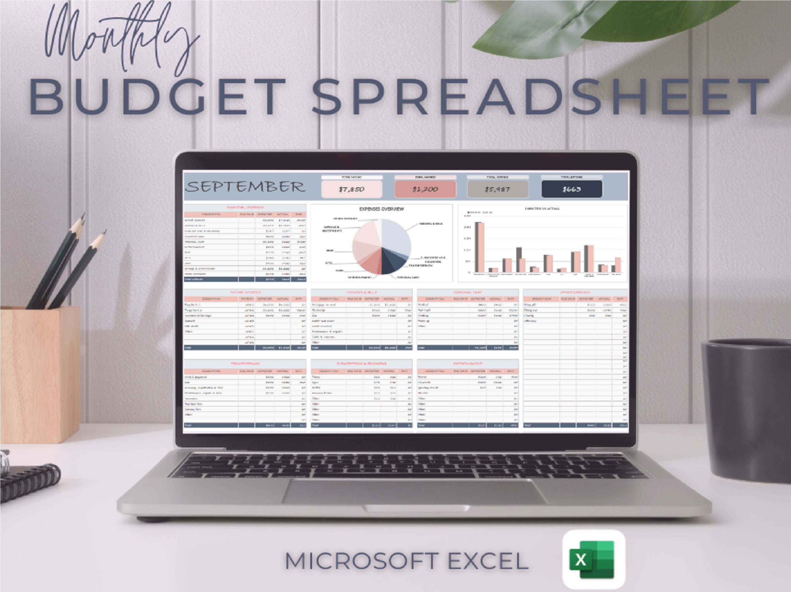 Monthly Budget Spreadsheet Template for Microsoft Excel, Digital Budget ...