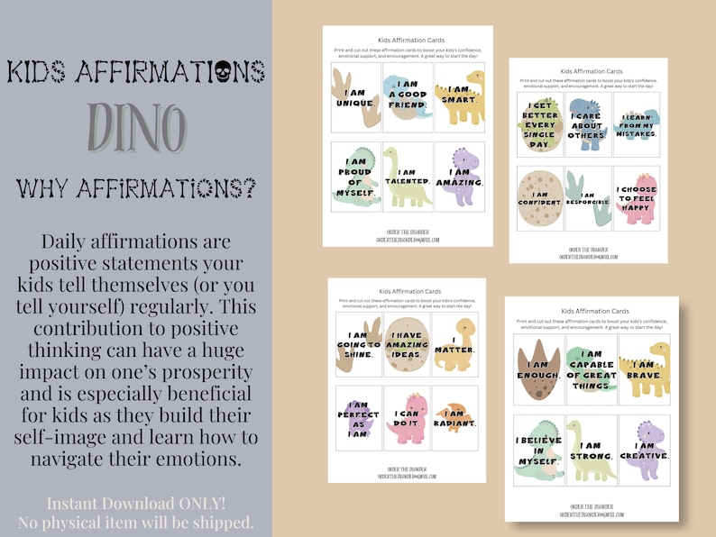 Kids Dino Themed Affirmation Cards, Daily Affirmations, Emotional ...