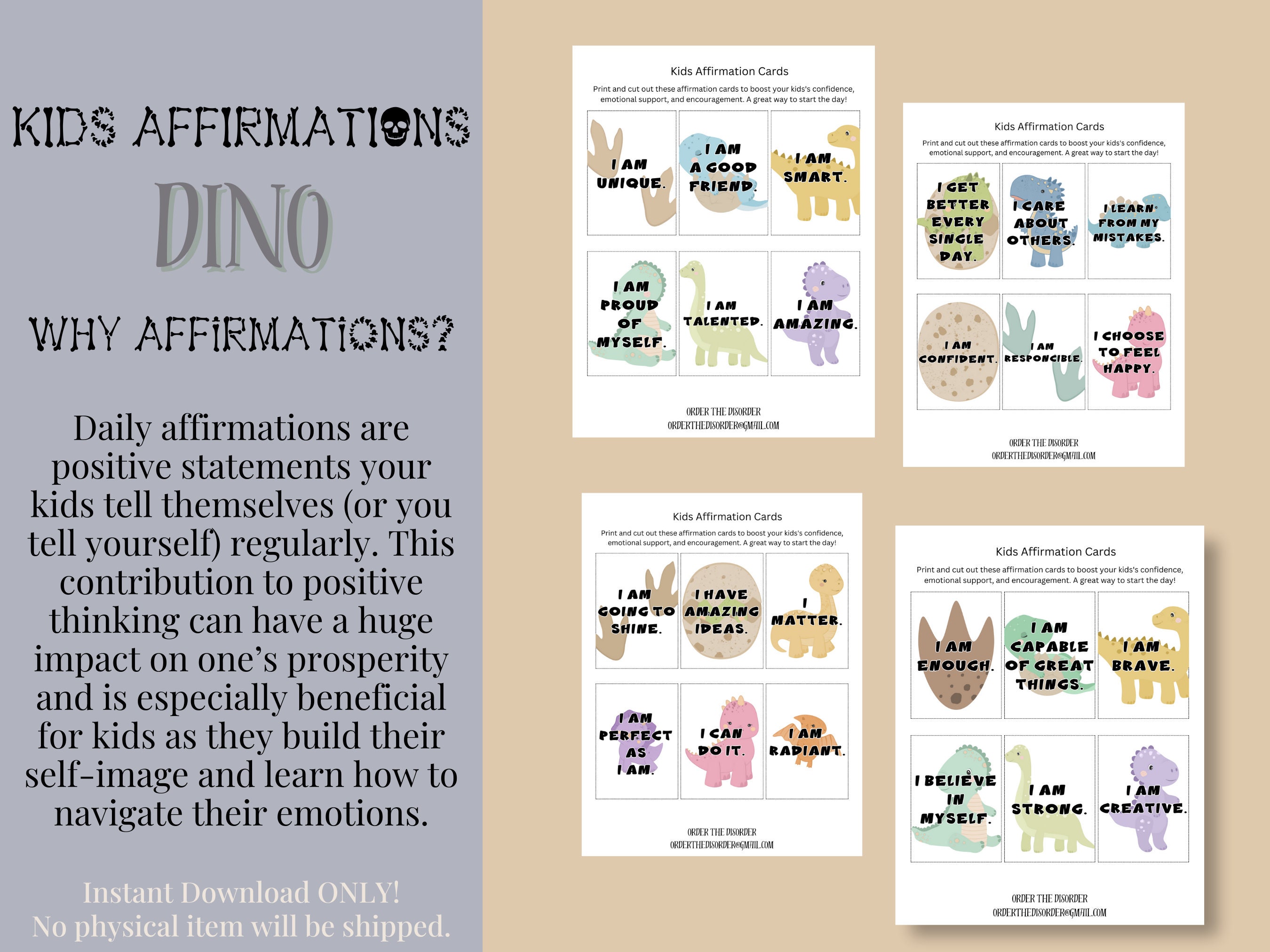 Kids Dino Themed Affirmation Cards, Daily Affirmations, Emotional ...