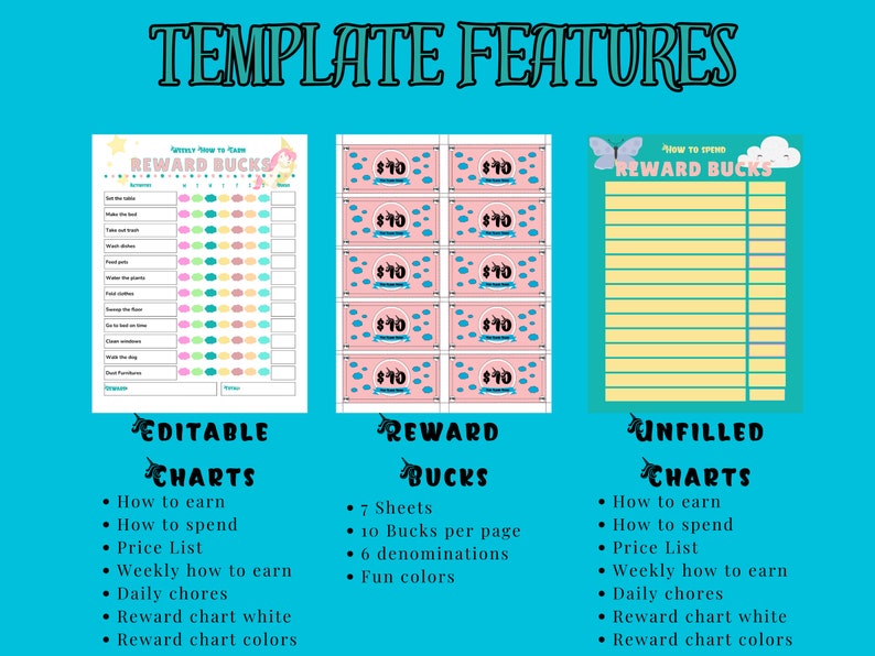 Kids Editable Unicorn Reward Chart With Reward Bucks, Reward Bucks for ...