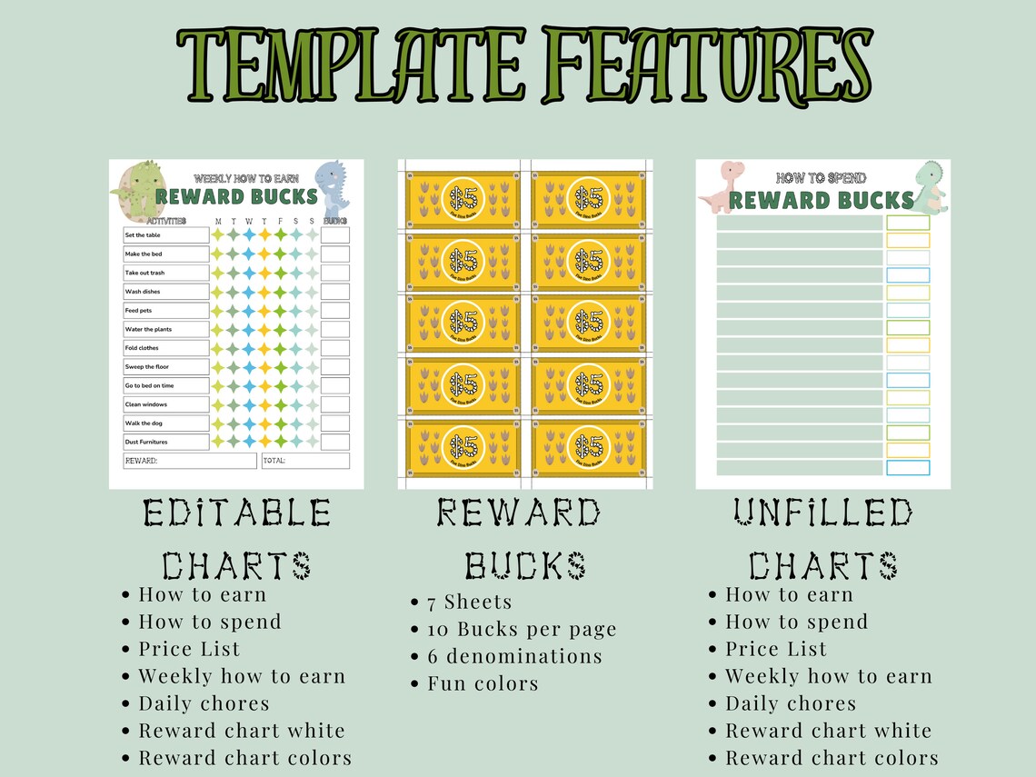 Kids Editable Dino Reward Chart With Reward Bucks, Reward Bucks for ...
