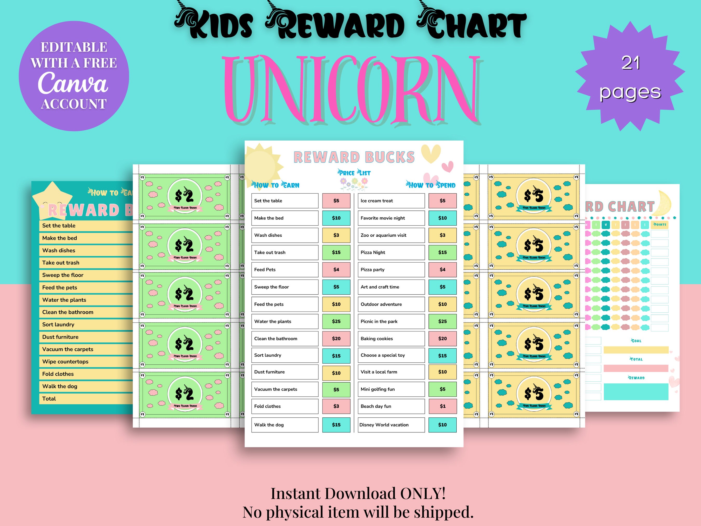 Kids Editable Unicorn Reward Chart With Reward Bucks, Reward Bucks for ...