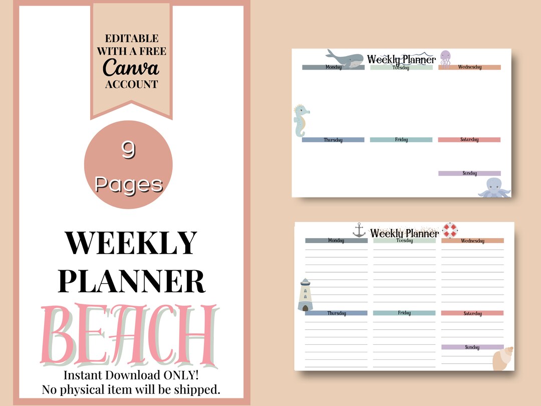 Beach-themed Week at A Glance Printable Weekly Planner - Etsy