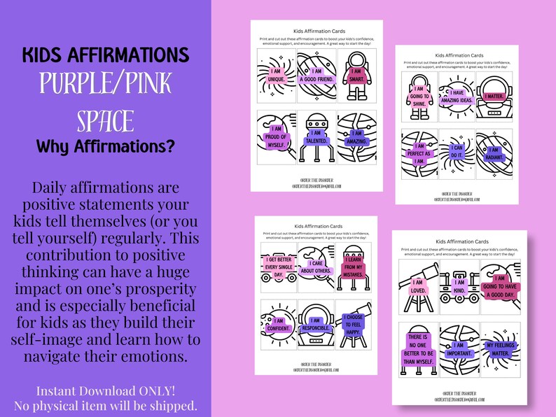 Pink & Purple Space Kids Affirmation Cards, Daily Affirmations ...