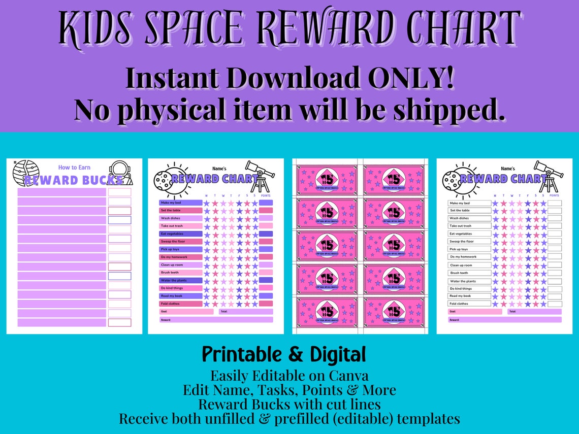 Kids Editable Space Reward Chart With Reward Bucks, Reward Bucks for ...