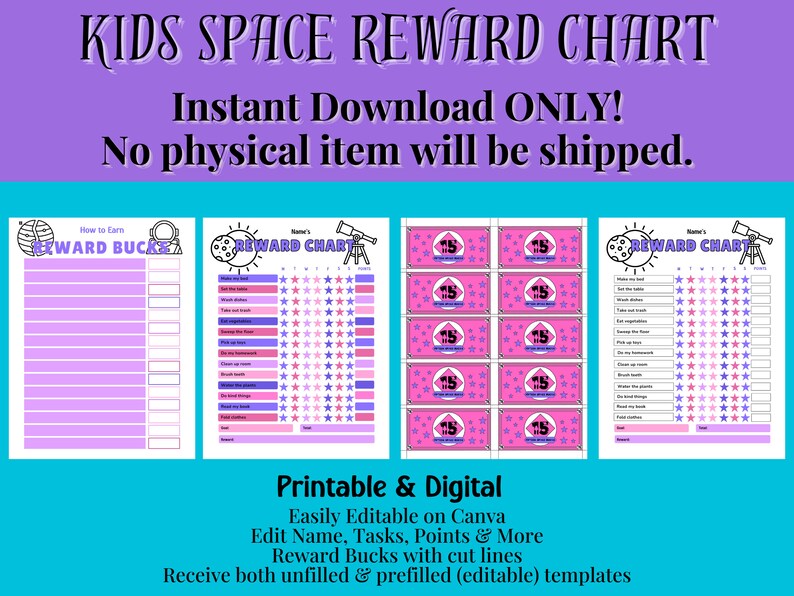 Kids Editable Space Reward Chart With Reward Bucks, Reward Bucks for ...