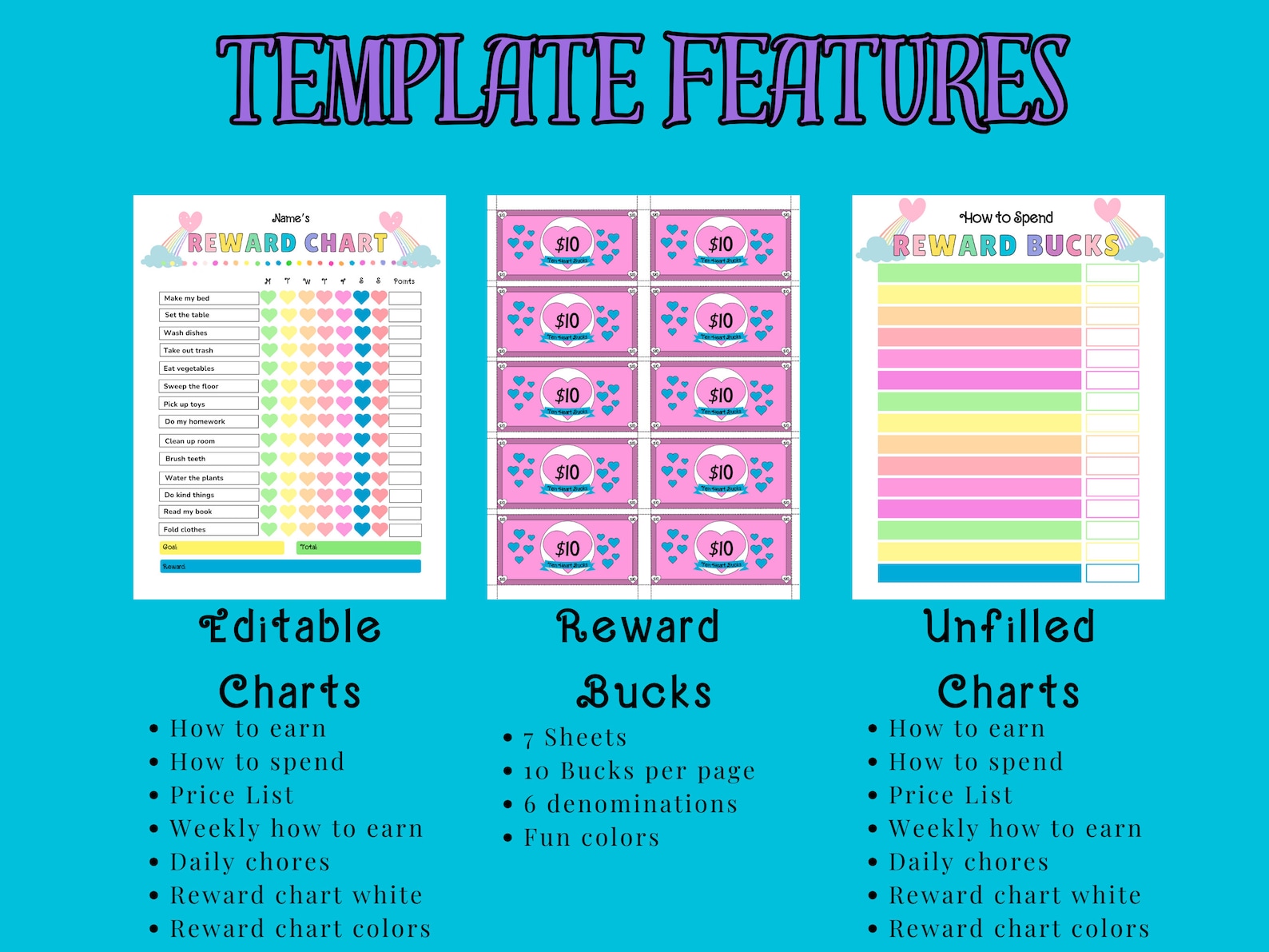Kids Editable Rainbow Reward Chart With Reward Bucks, Reward Bucks for ...