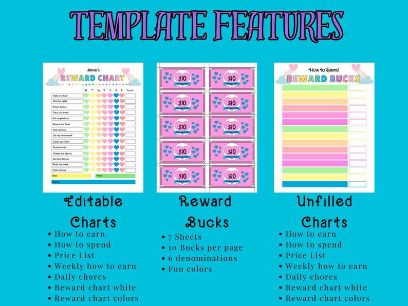 Kids Editable Rainbow Reward Chart With Reward Bucks, Reward Bucks for ...