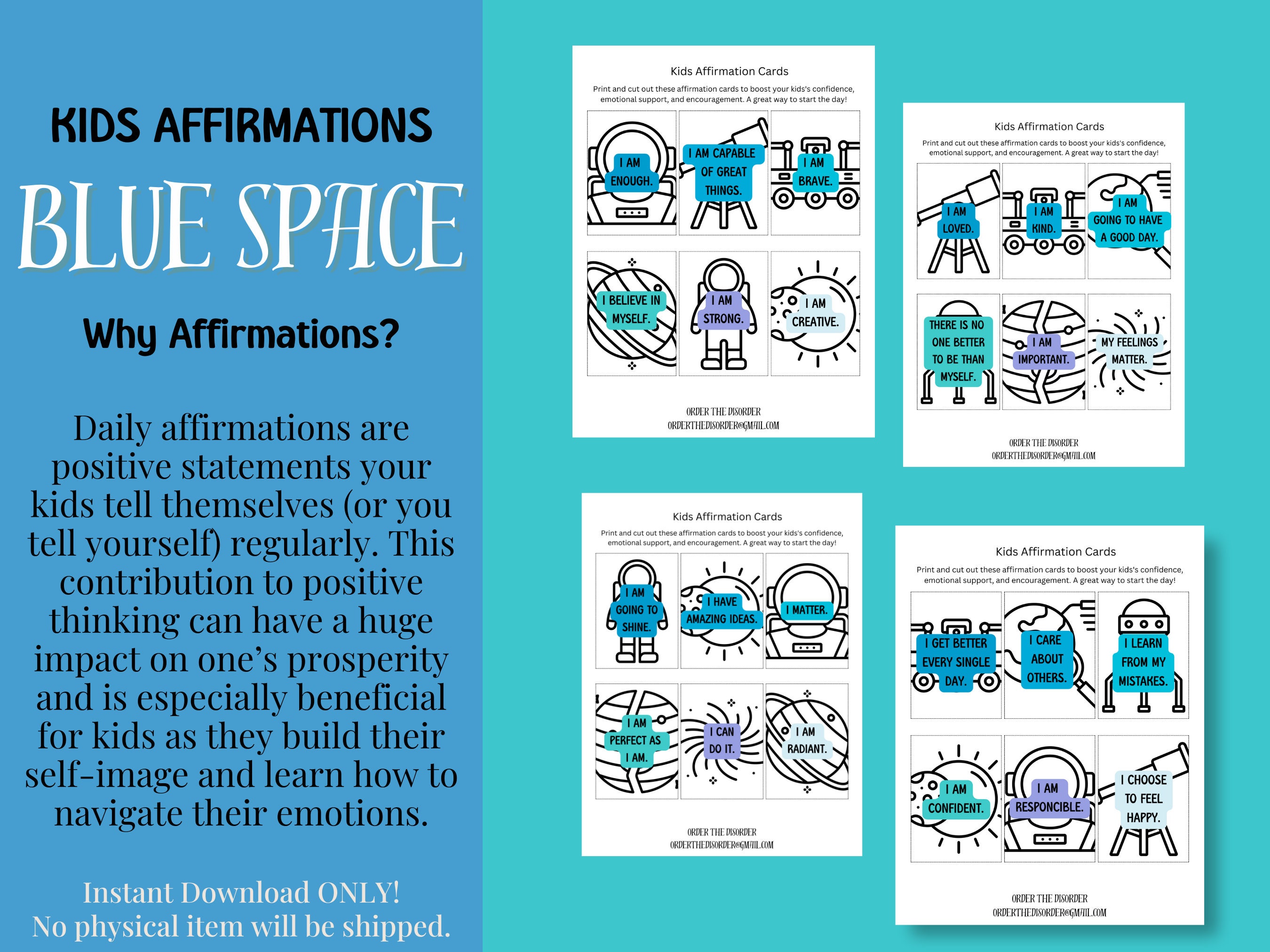 Blue Space Kids Affirmation Cards, Kids Affirmations, Kids Affirmation ...
