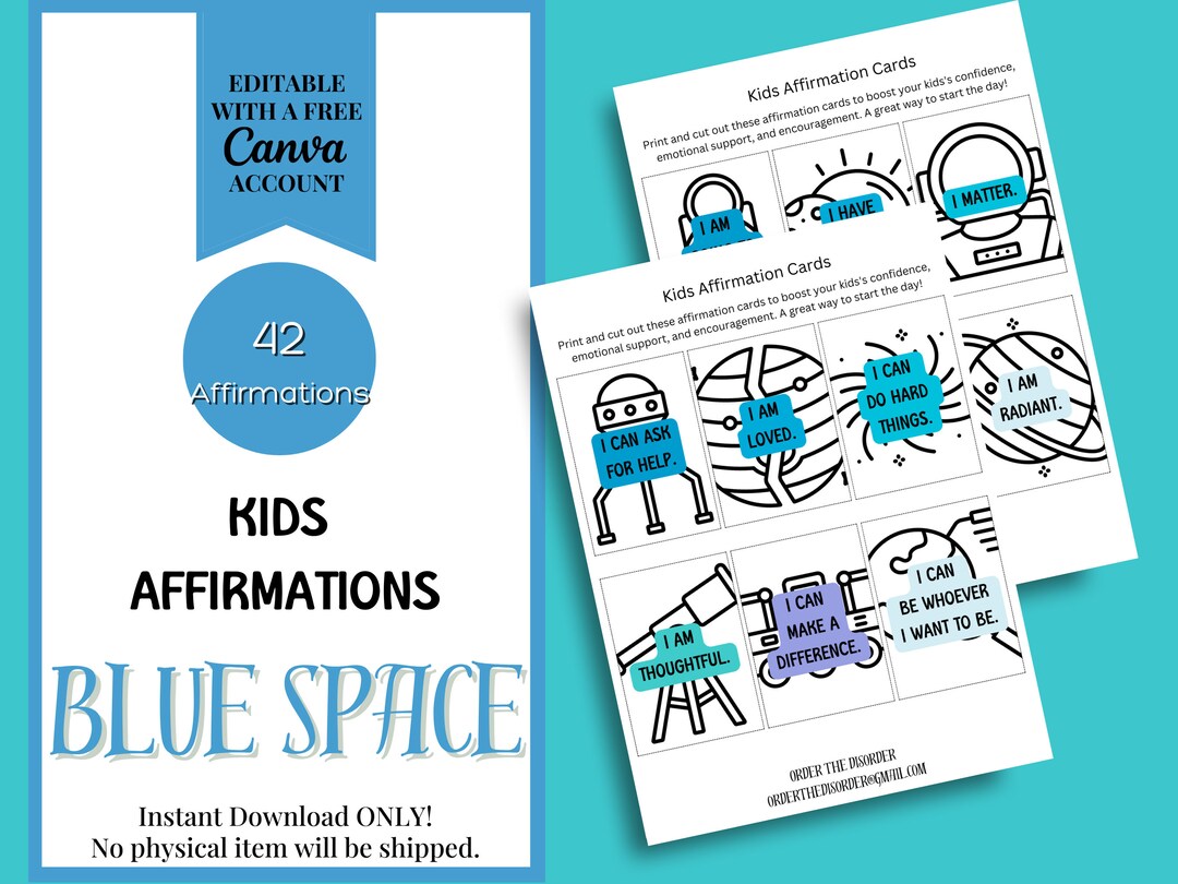 Blue Space Kids Affirmation Cards, Kids Affirmations, Kids Affirmation ...