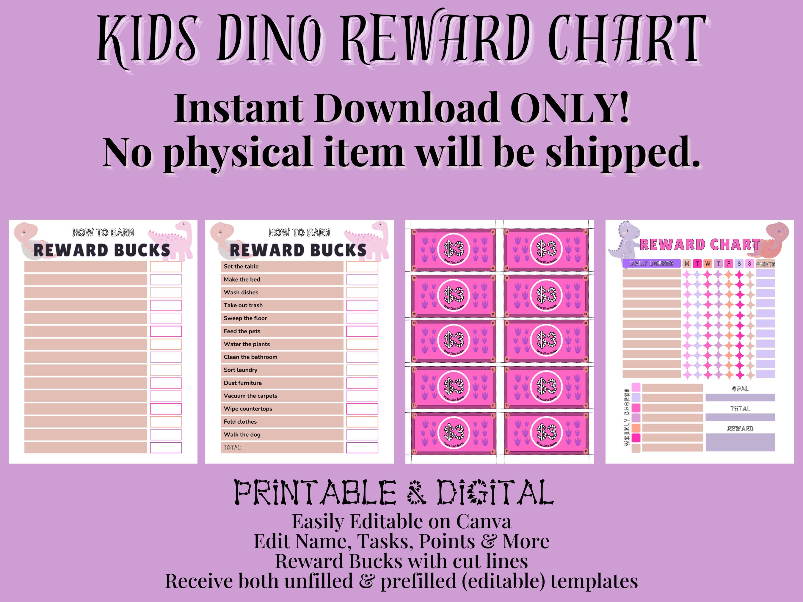 Kids Editable Pink Dino Reward Chart With Reward Bucks, Reward Bucks ...