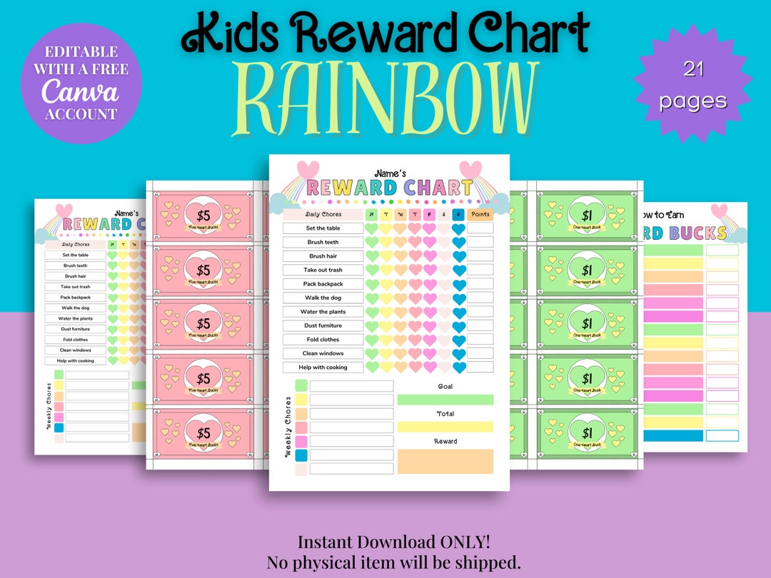 Kids Editable Rainbow Reward Chart With Reward Bucks, Reward Bucks for ...