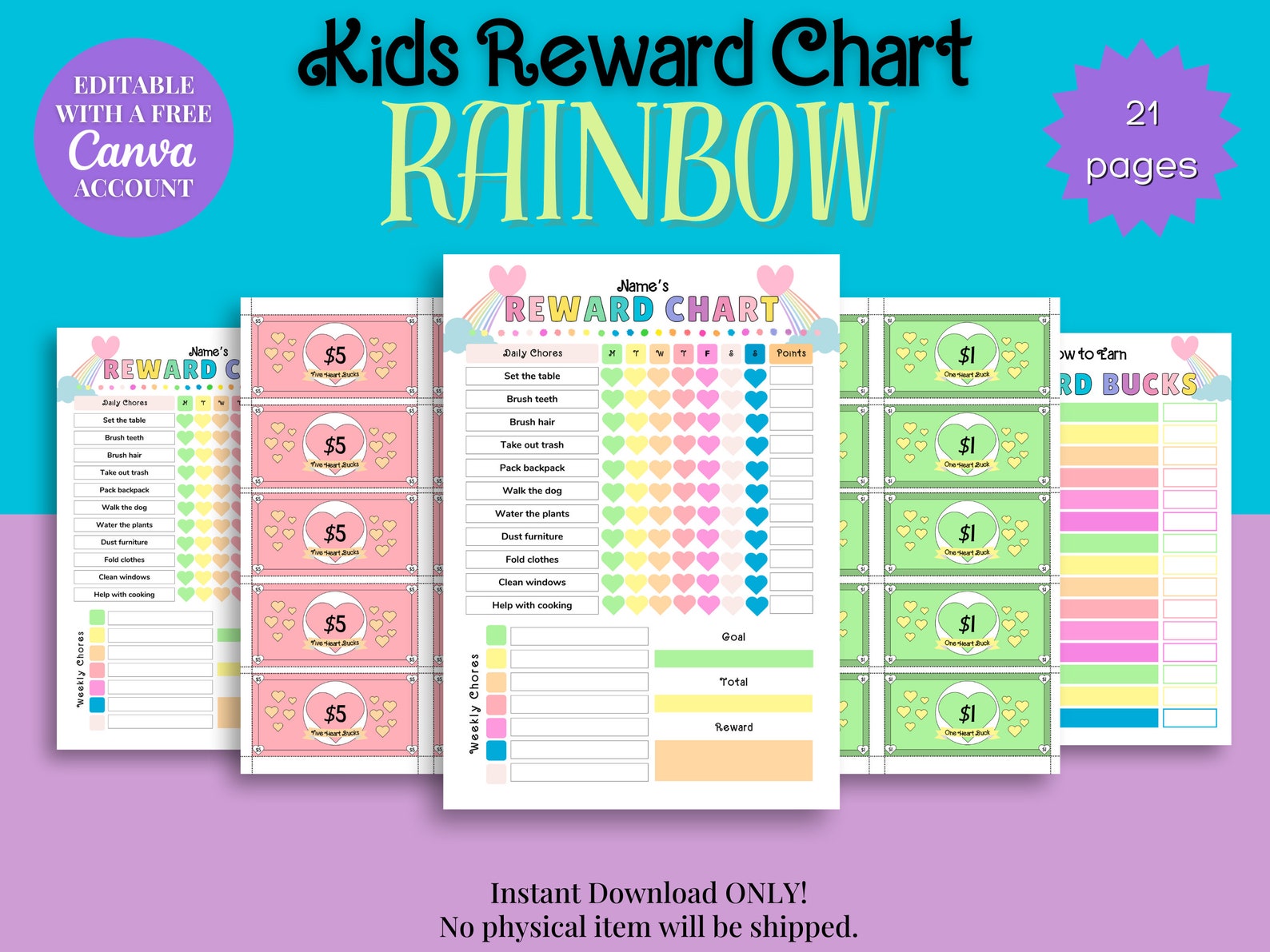 Kids Editable Rainbow Reward Chart With Reward Bucks, Reward Bucks for ...