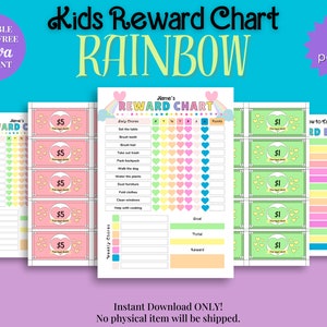 Kids Editable Rainbow Reward Chart With Reward Bucks, Reward Bucks for ...