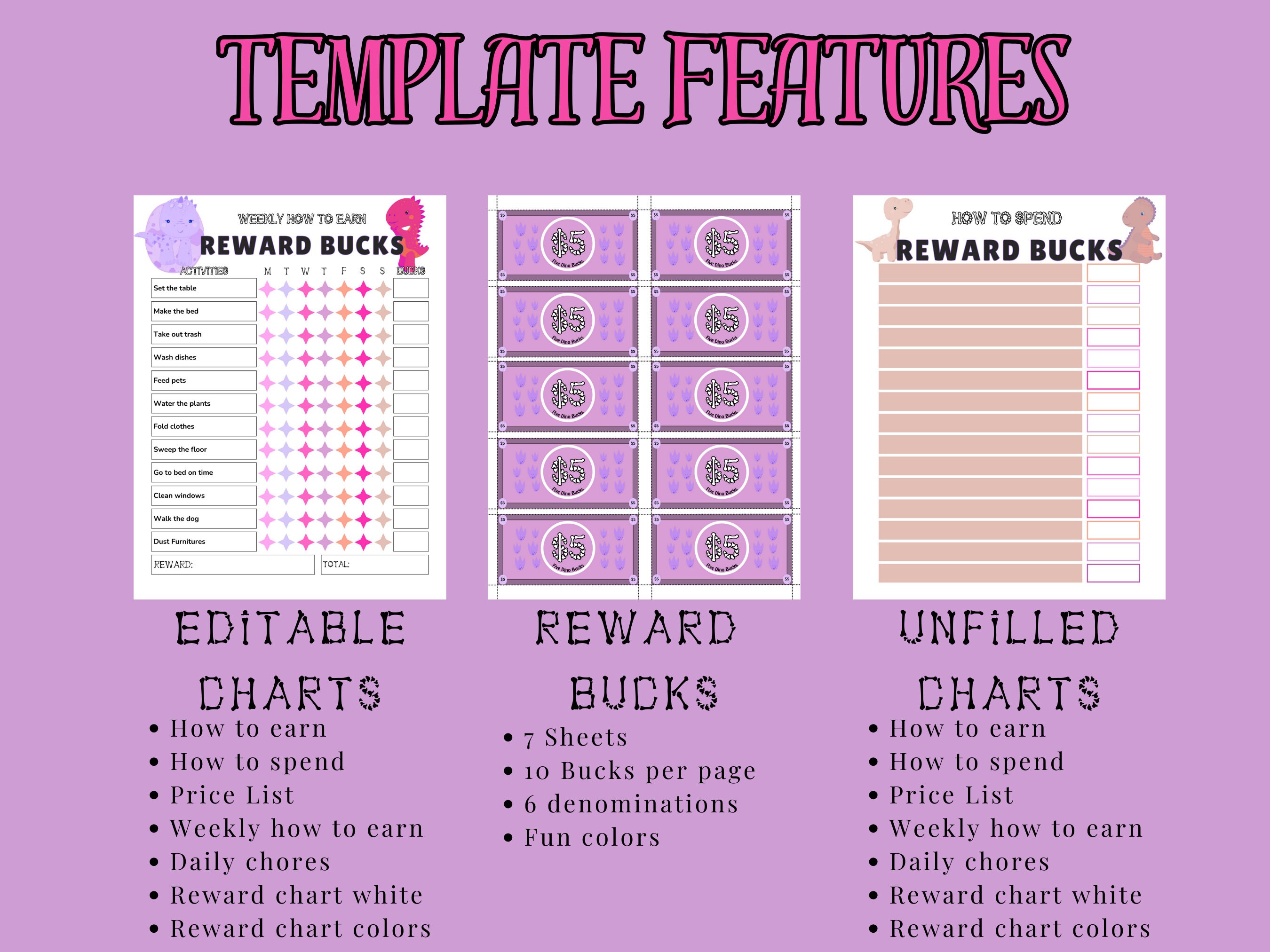 Kids Editable Pink Dino Reward Chart With Reward Bucks, Reward Bucks ...