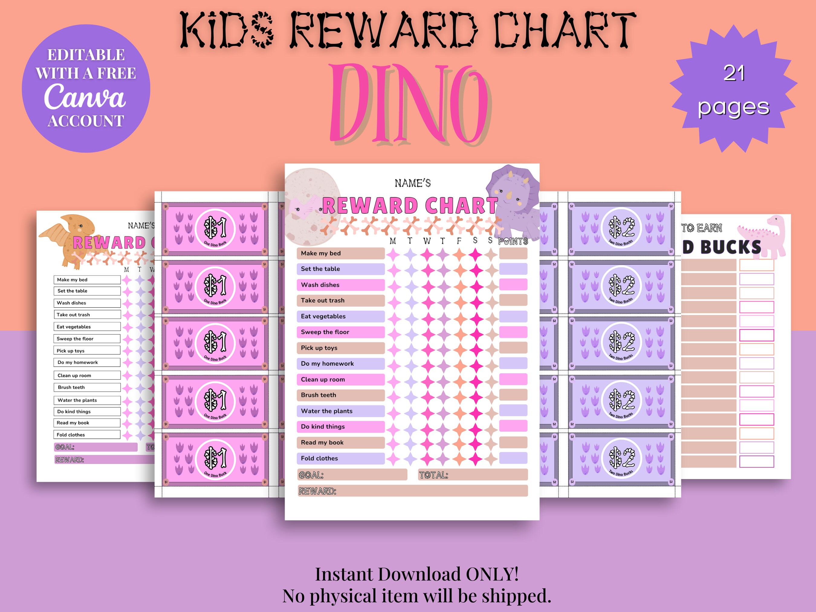 Kids Editable Pink Dino Reward Chart With Reward Bucks, Reward Bucks ...