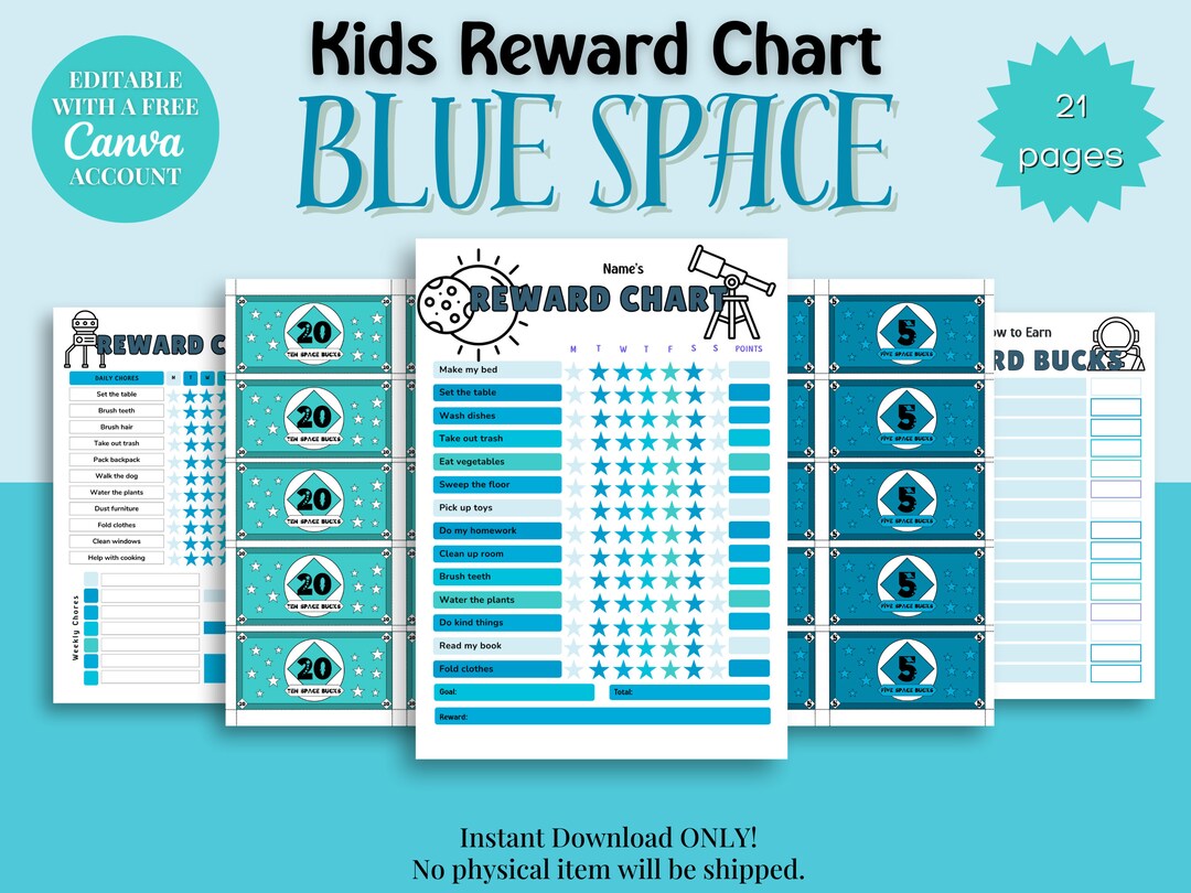 Kids Editable Space Reward Chart With Reward Bucks, Reward Bucks for ...