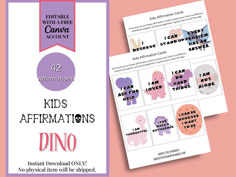 Kids Pink Dino Themed Affirmation Cards, Daily Affirmations, Emotional ...