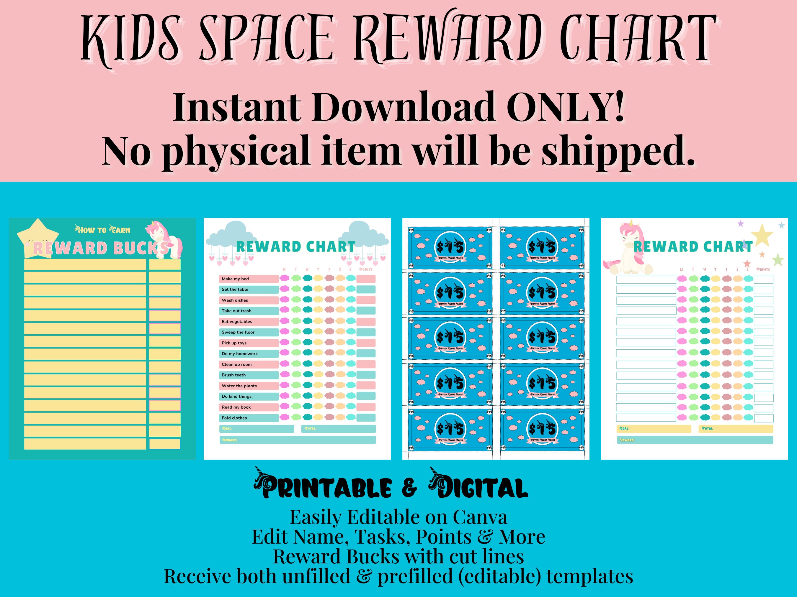 Kids Editable Unicorn Reward Chart With Reward Bucks, Reward Bucks for ...