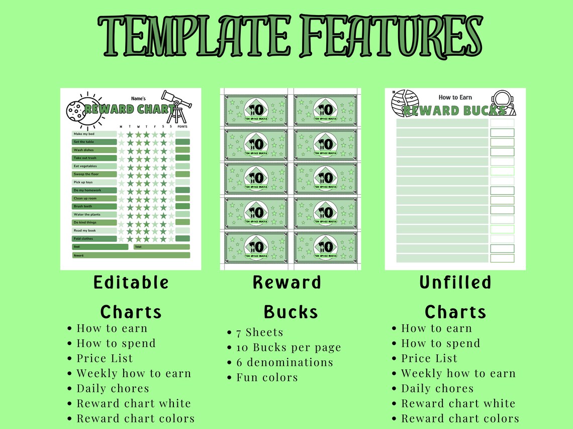 Kids Editable Green Space Reward Chart W/ Reward Bucks, Reward Bucks ...