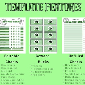 Kids Editable Green Space Reward Chart W/ Reward Bucks, Reward Bucks ...