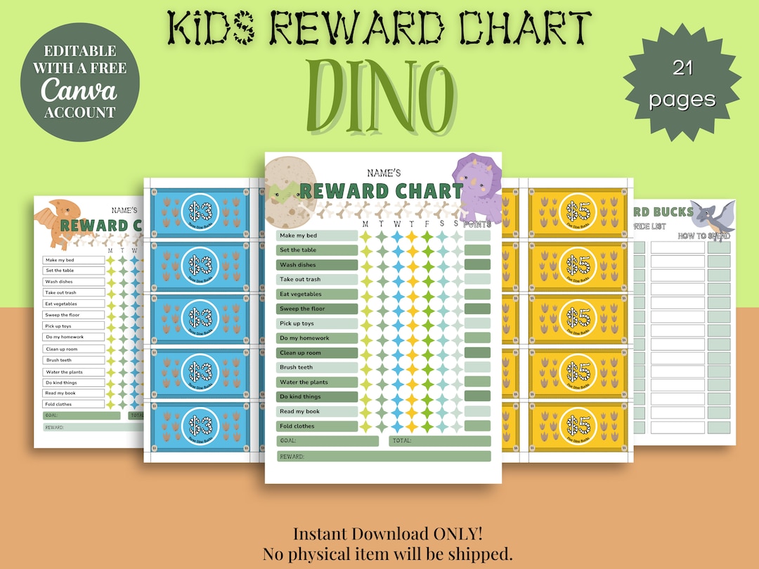 Kids Editable Dino Reward Chart With Reward Bucks, Reward Bucks for ...