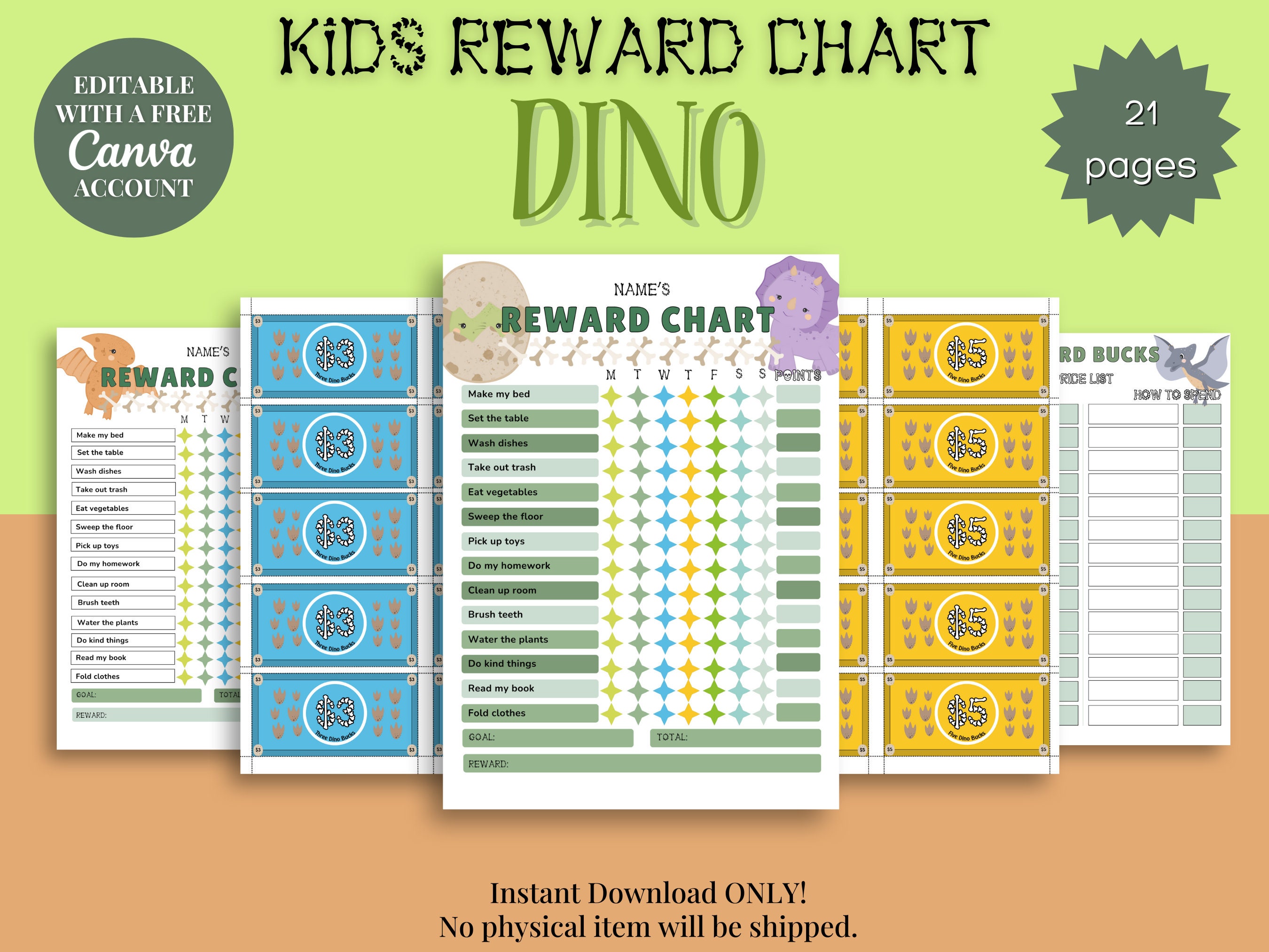 Kids Editable Dino Reward Chart With Reward Bucks, Reward Bucks for ...