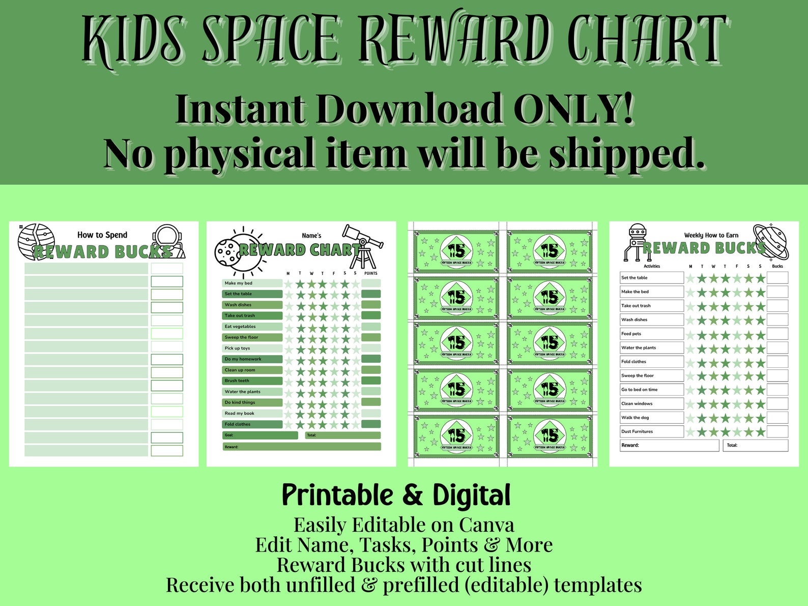 Kids Editable Green Space Reward Chart W/ Reward Bucks, Reward Bucks ...