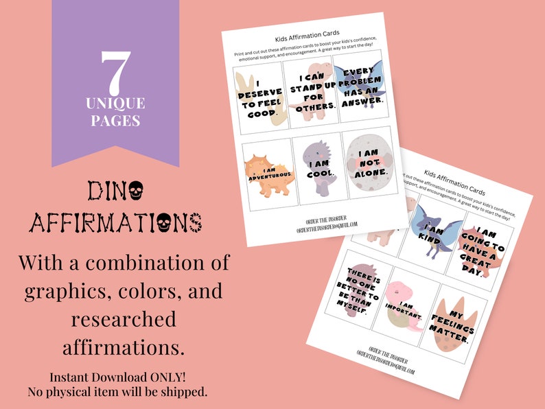 Kids Pink Dino Themed Affirmation Cards, Daily Affirmations, Emotional ...