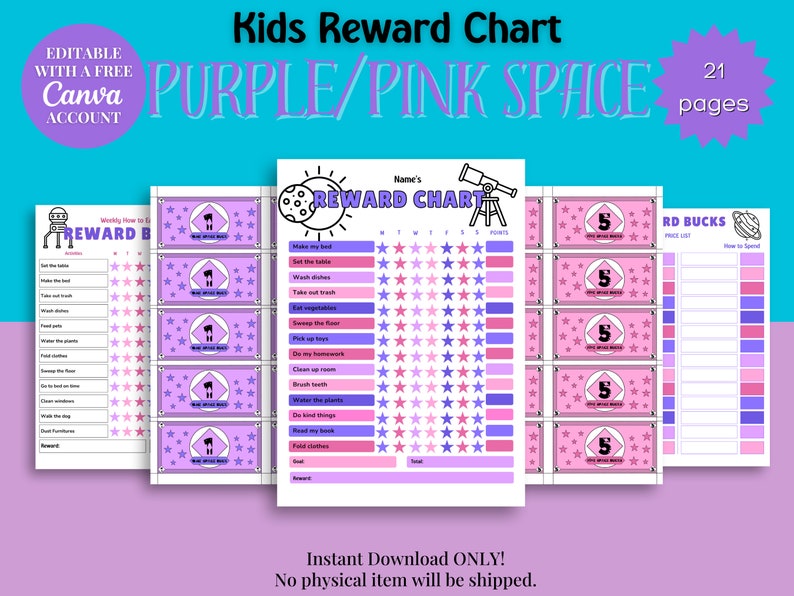 Kids Editable Space Reward Chart With Reward Bucks, Reward Bucks for ...