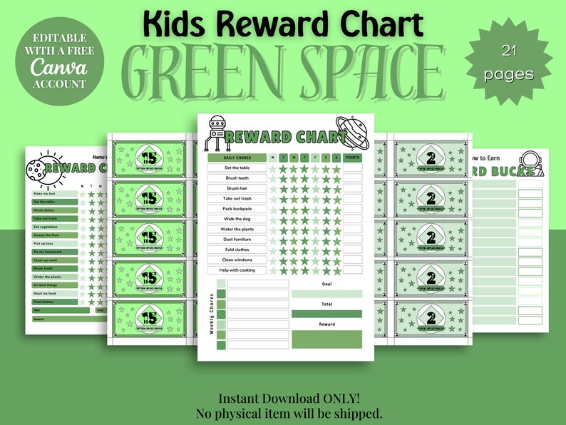 Kids Editable Green Space Reward Chart W/ Reward Bucks, Reward Bucks ...